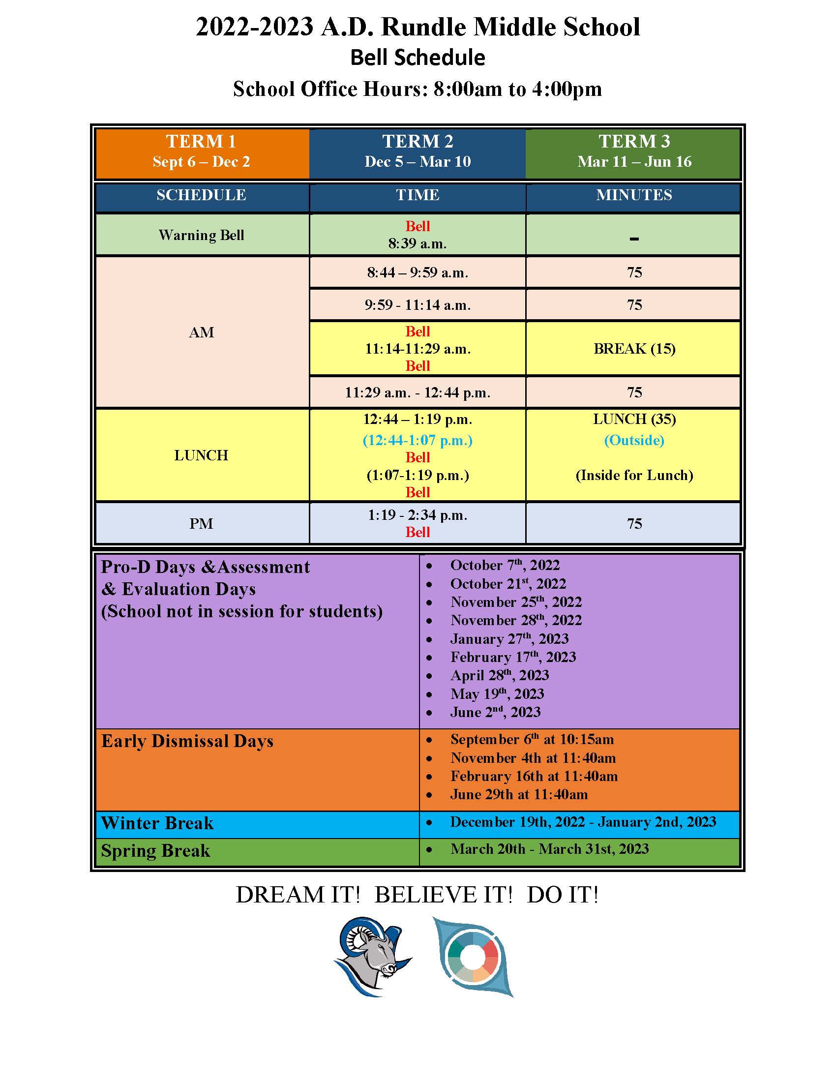 Bell Schedule | A.D. Rundle Middle School