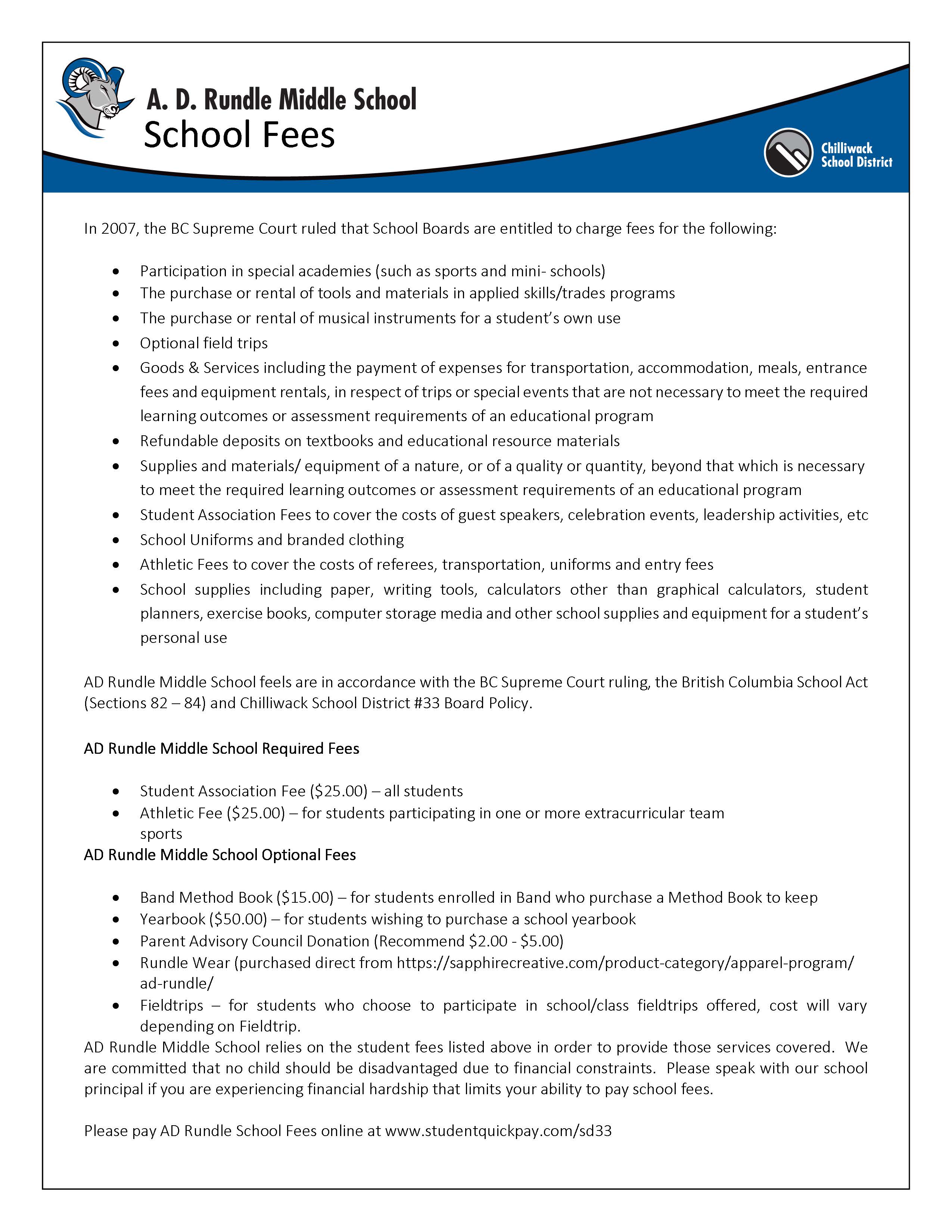 Student Fees and Student Quick Pay | A.D. Rundle Middle School